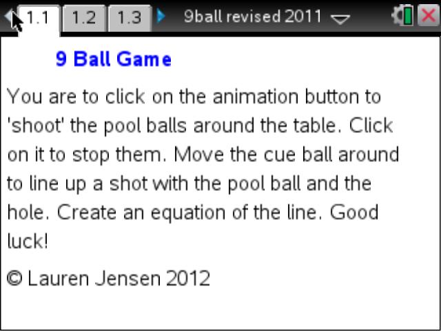 Linear Equation Games Unit: Activity #9 9 Ball Game